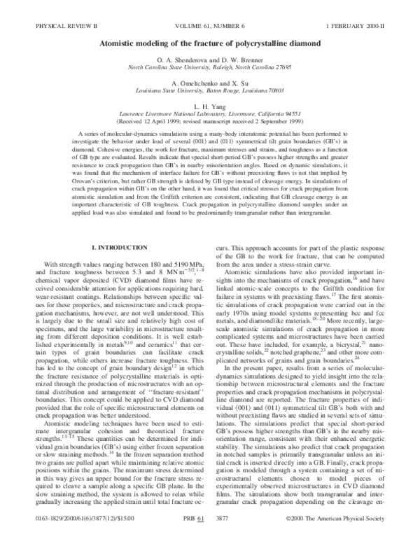 Pdf Atomistic Modeling Of The Fracture Of Polycrystalline Diamond