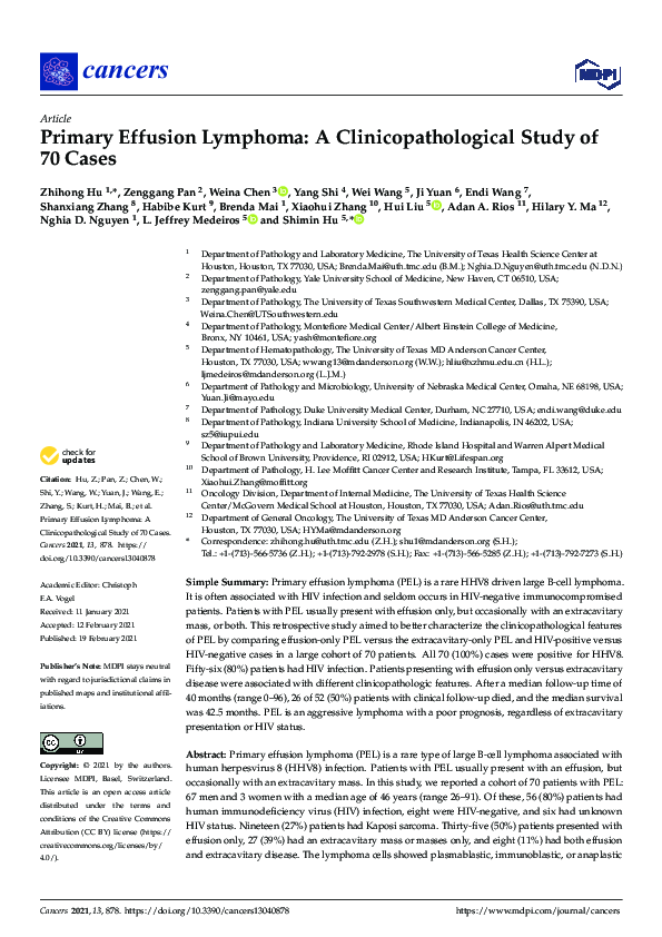 (PDF) Primary Effusion Lymphoma: A Clinicopathological Study of 70 Cases | Adan Rios MD ...