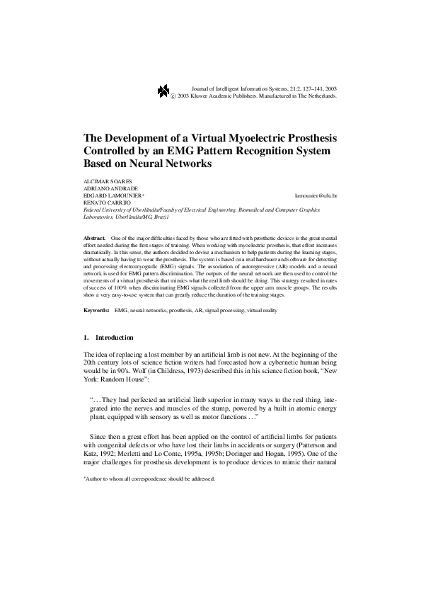 Pdf The Development Of A Virtual Myoelectric Prosthesis Controlled By