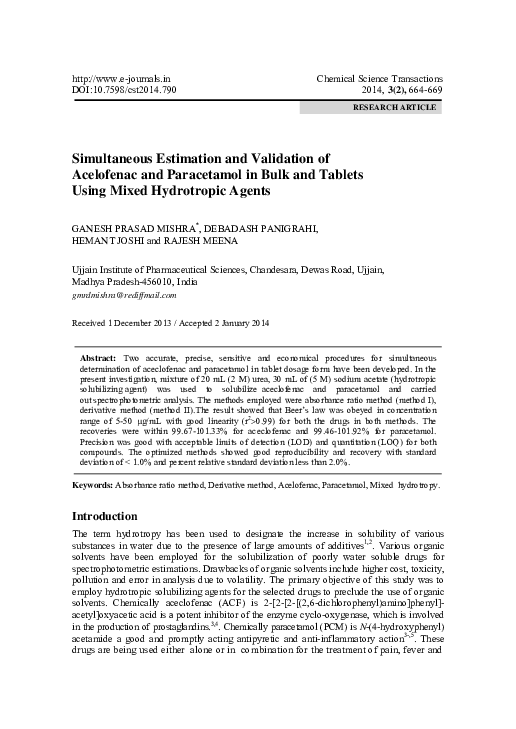 Pdf Simultaneous Estimation And Validation Of Acelofenac And Paracetamol In Bulk And Tablets