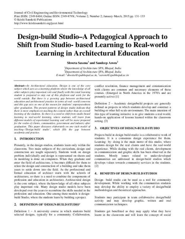 (PDF) Design-build Studio-A Pedagogical Approach to Shift from Studio ...
