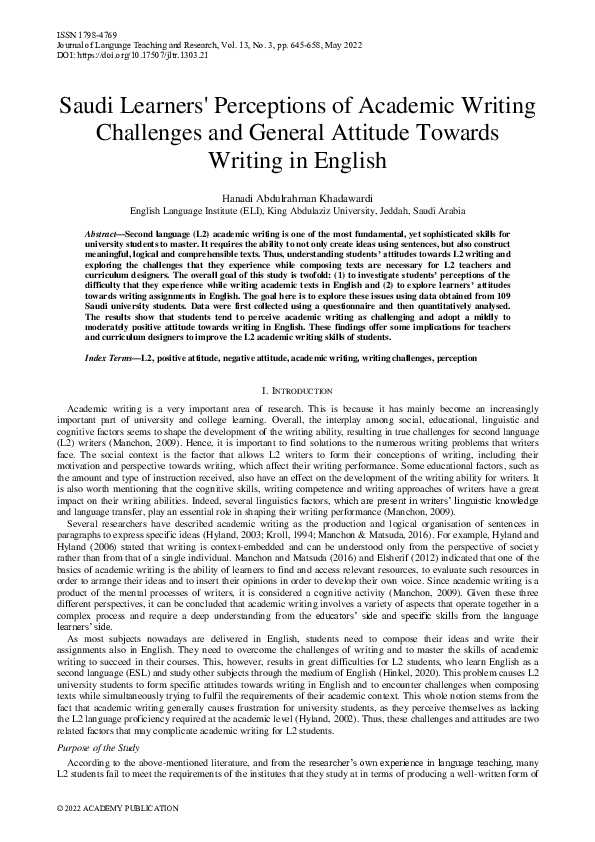 (PDF) Saudi Learners' Perceptions of Academic Writing Challenges and ...
