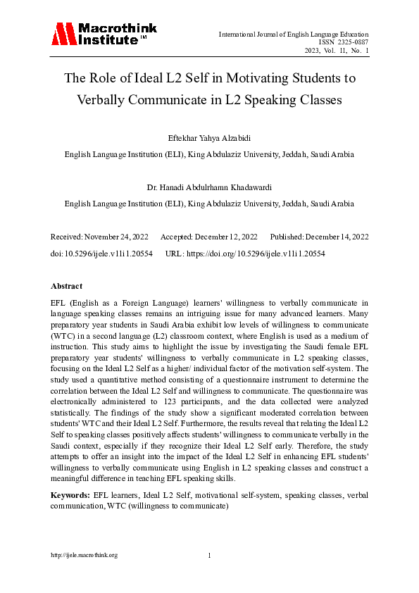 (PDF) The Role of Ideal L2 Self in Motivating Students to Verbally Communicate in L2 Speaking ...