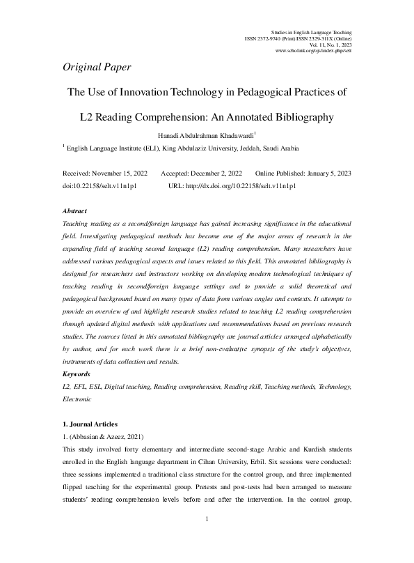 (PDF) The Use of Innovation Technology in Pedagogical Practices of L2 Reading Comprehension: An ...