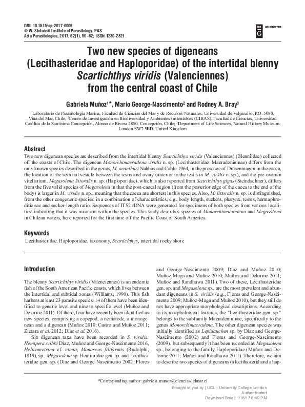 (PDF) Two new species of digeneans (Lecithasteridae and Haploporidae ...