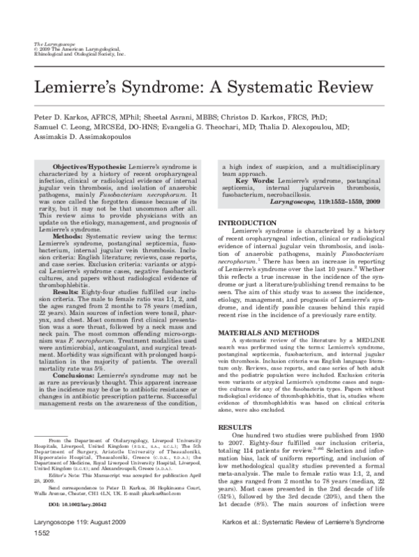 (PDF) Lemierre's syndrome: A systematic review