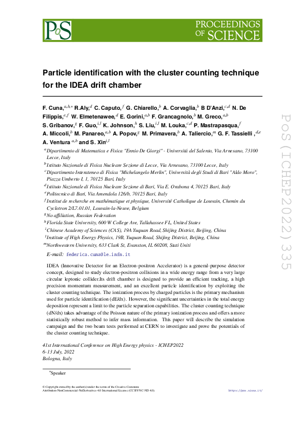 (PDF) Particle identification with the cluster counting technique for the IDEA drift chamber