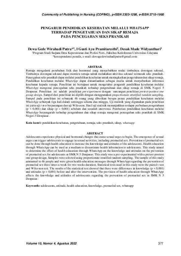 (PDF) Pengaruh Pendidikan Kesehatan Melalui Whatsapp Terhadap Pengetahuan Dan Sikap Remaja Kelas ...