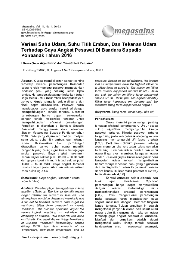 (PDF) Variasi Suhu Udara, Suhu Titik Embun, dan Tekanan Udara Terhadap Gaya Angkat Pesawat di ...