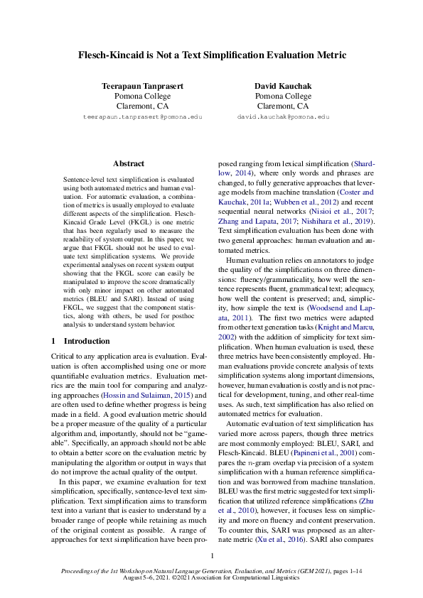(PDF) Flesch-Kincaid is Not a Text Simplification Evaluation Metric