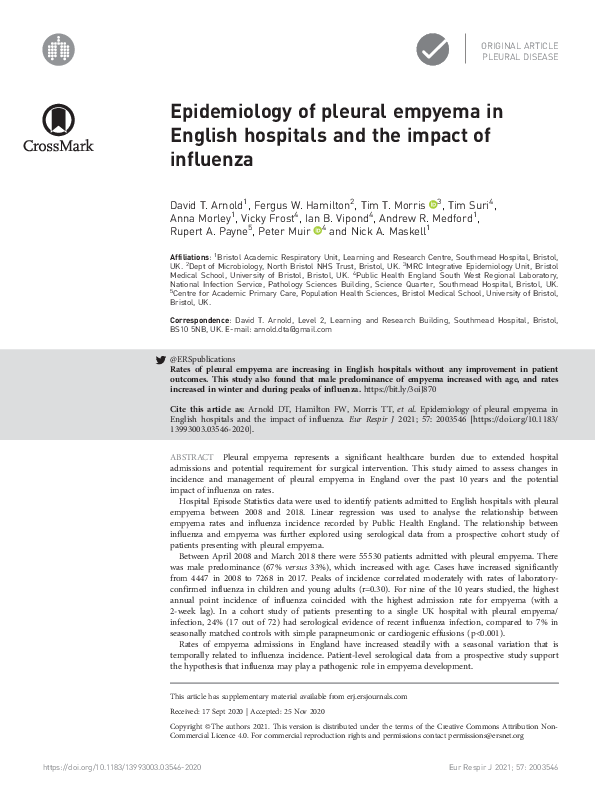 (PDF) Epidemiology of pleural empyema in English hospitals and the impact of influenza
