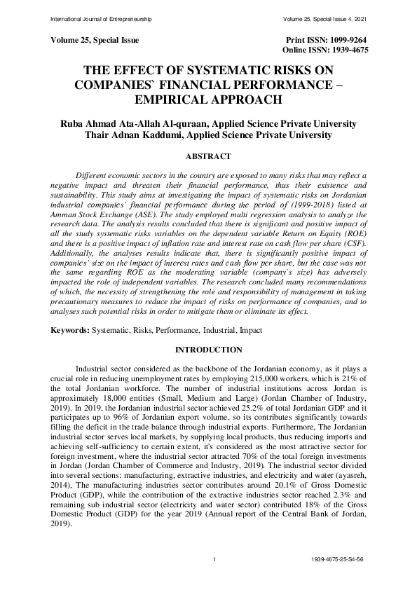 (PDF) The Effect of Systematic Risks on Companies Financial Performance - Empirical Approach