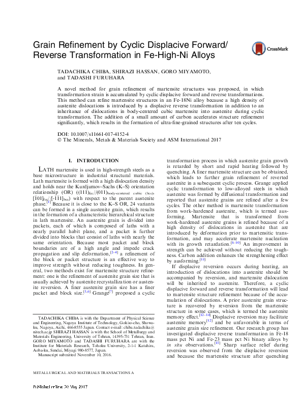 (PDF) Grain Refinement by Cyclic Displacive Forward/Reverse ...