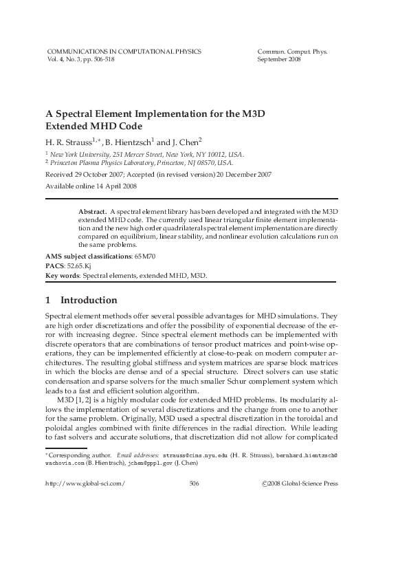 (PDF) A Spectral Element Implementation for the M3D Extended MHD Code | Bernhard Hientzsch ...