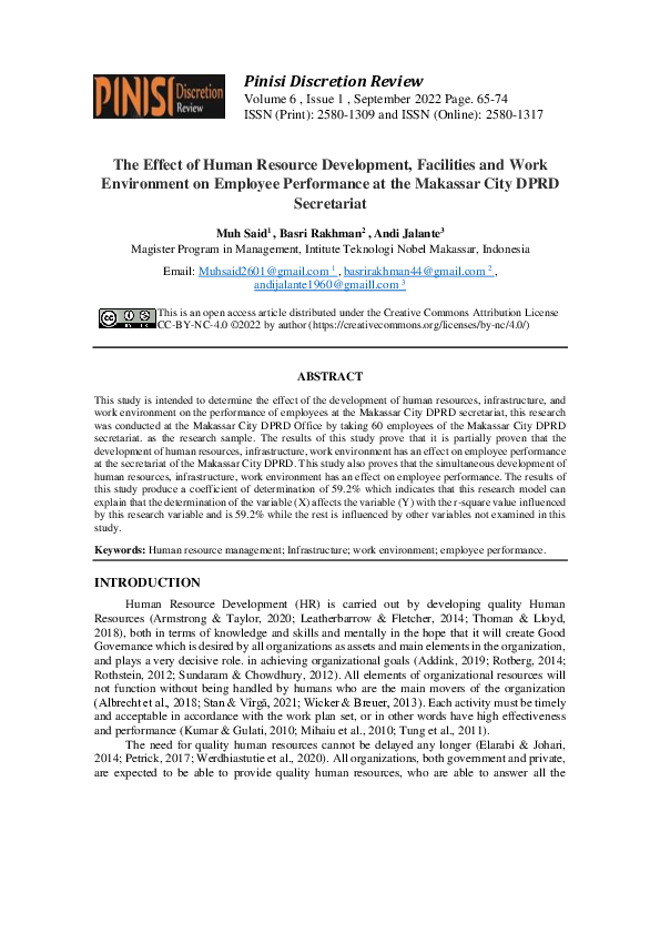 Pdf The Effect Of Human Resource Development Facilities And Work Environment On Employee