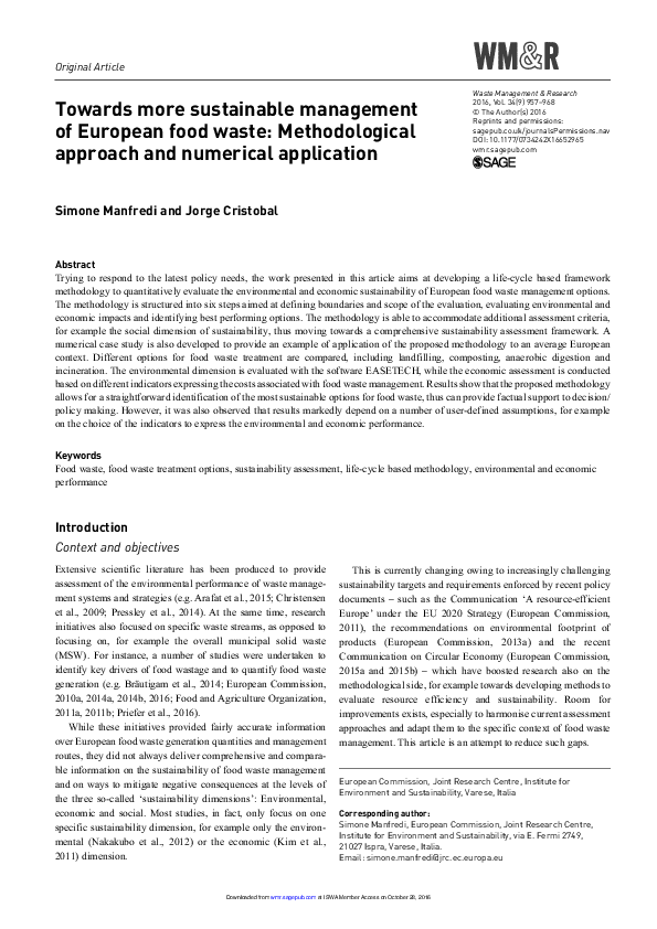 (PDF) Towards more sustainable management of European food waste ...