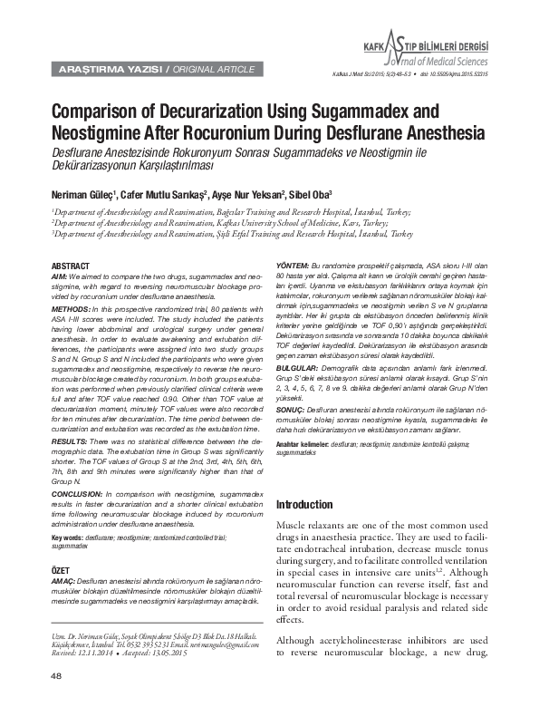(PDF) Comparison of Decurarization Using Sugammadex and Neostigmine ...