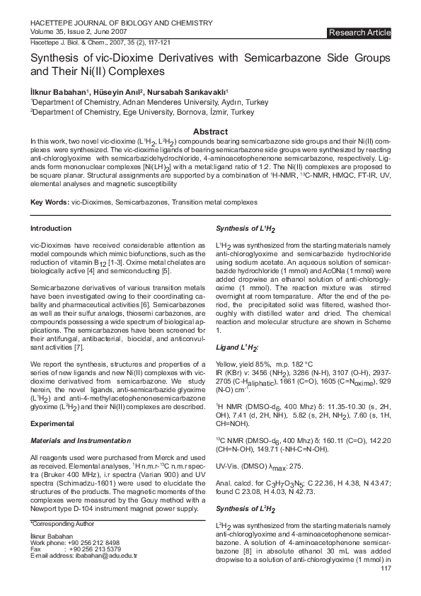 (PDF) Synthesis of vic-Dioxime Derivatives with Semicarbazone Side ...