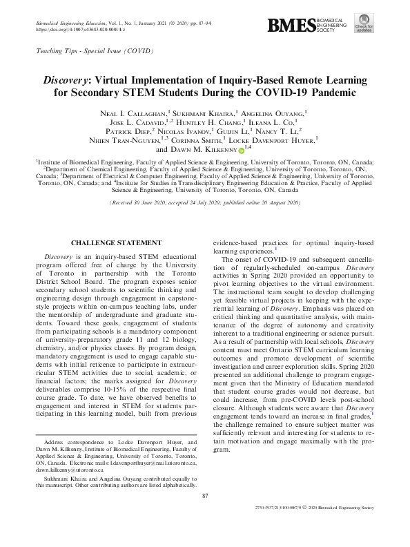 (PDF) Discovery: Virtual Implementation of Inquiry-Based Remote Learning for Secondary STEM ...