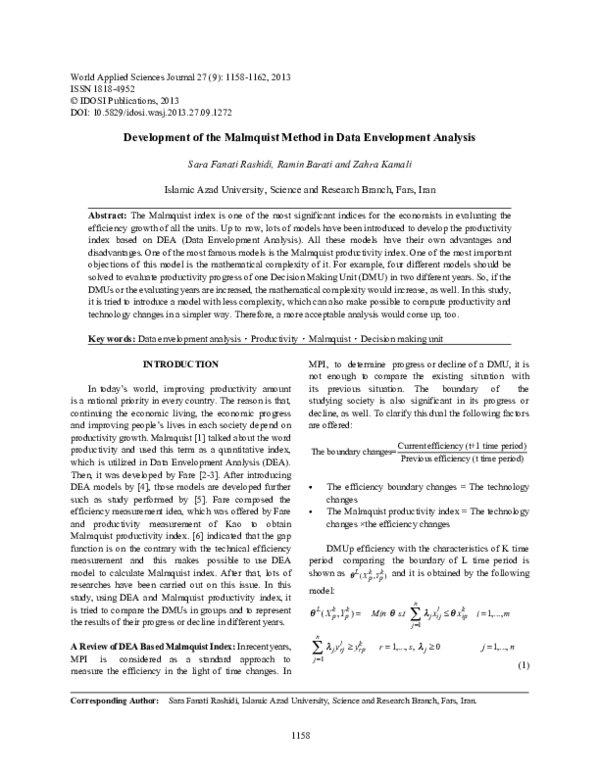 (PDF) Development of the Malmquist Method in Data Envelopment Analysis