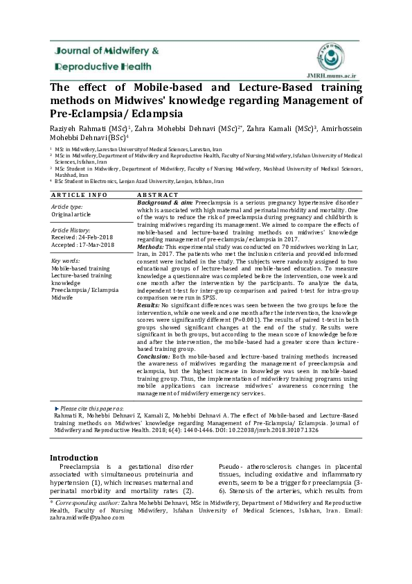 (PDF) The effect of Mobile-based and Lecture-Based training methods on Midwives' knowledge ...