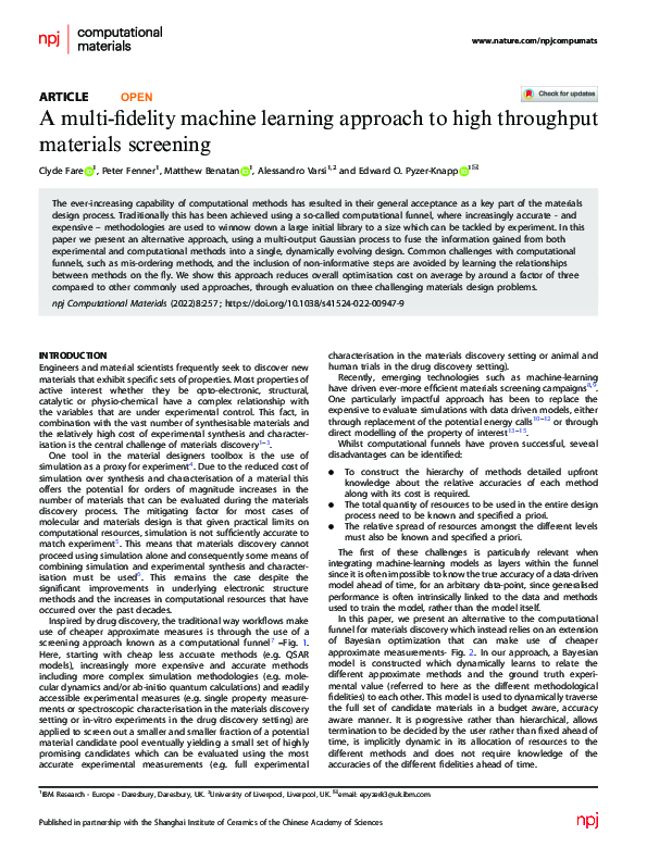 (PDF) A multi-fidelity machine learning approach to high throughput materials screening