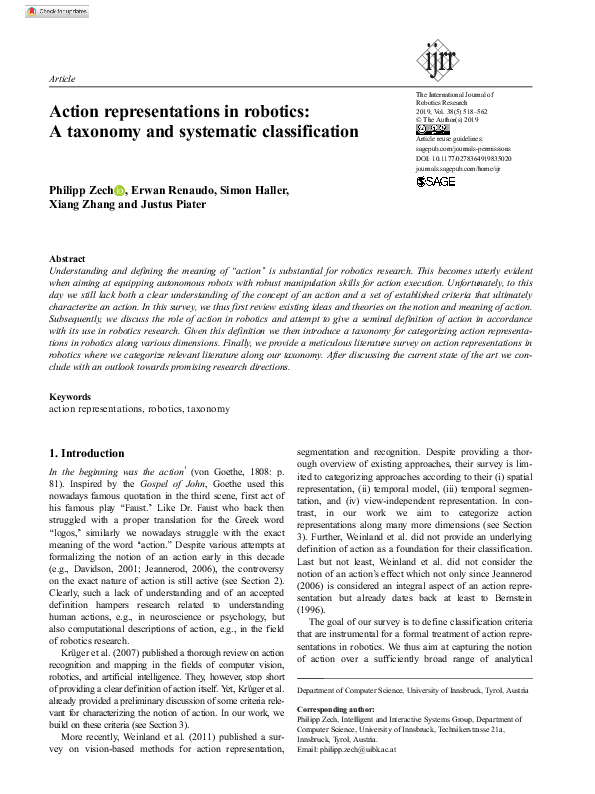 (PDF) Action representations in robotics: A taxonomy and systematic classification