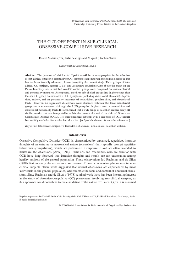 (PDF) The Cut-Off Point in Sub-Clinical Obsessive-Compulsive Research