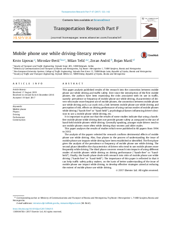 (PDF) Mobile phone use while driving-literary review