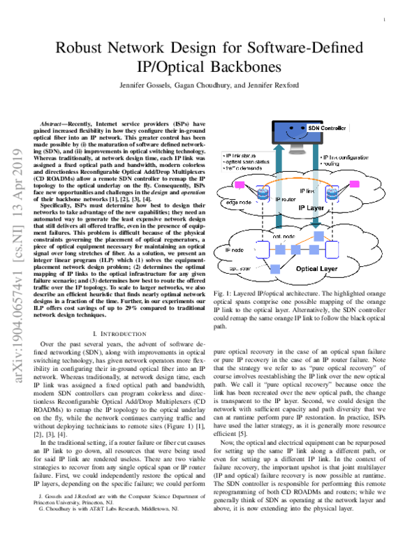 (PDF) Robust Network Design for Software-Defined IP/Optical Backbones