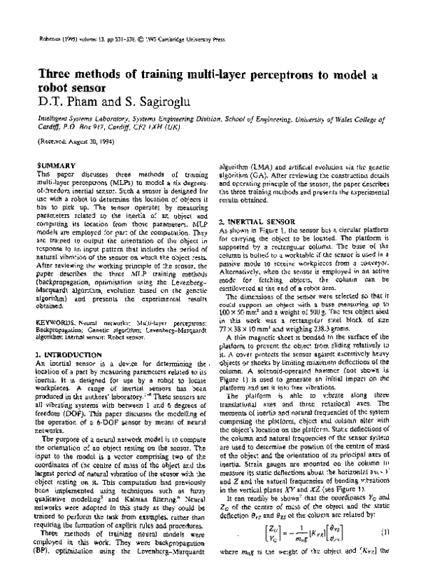 (PDF) Three methods of training multi-layer perceptrons to model a robot sensor