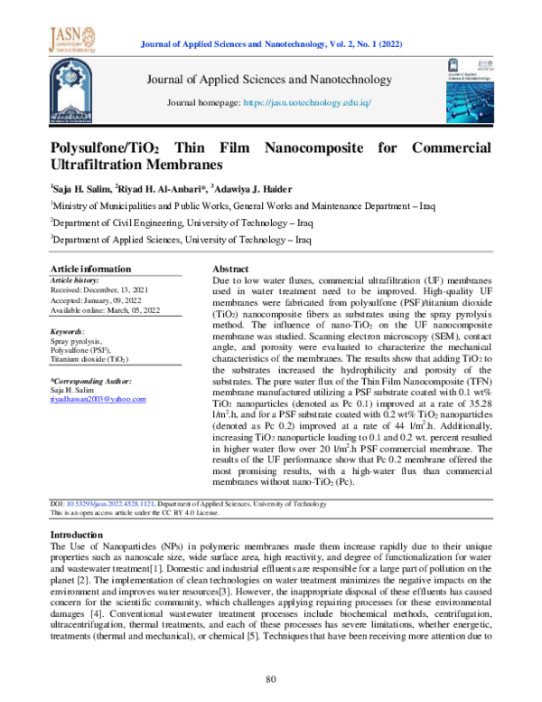 (PDF) Polysulfone/TiO2 Thin Film Nanocomposite for Commercial Ultrafiltration Membranes