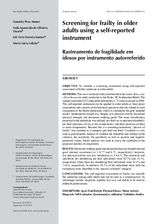 (PDF) Screening for frailty in older adults using a self-reported ...