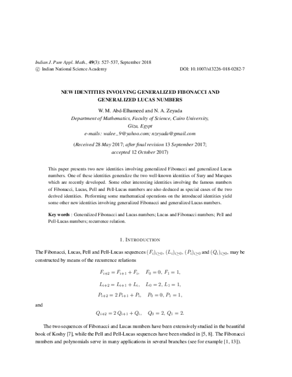 (PDF) New identities involving generalized Fibonacci and generalized Lucas numbers