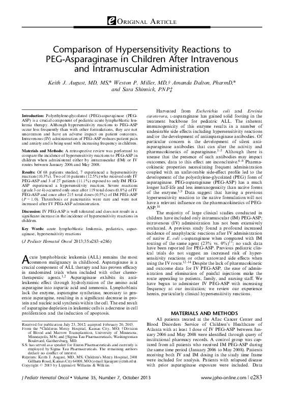 (PDF) Comparison of Hypersensitivity Reactions to PEG-Asparaginase in ...