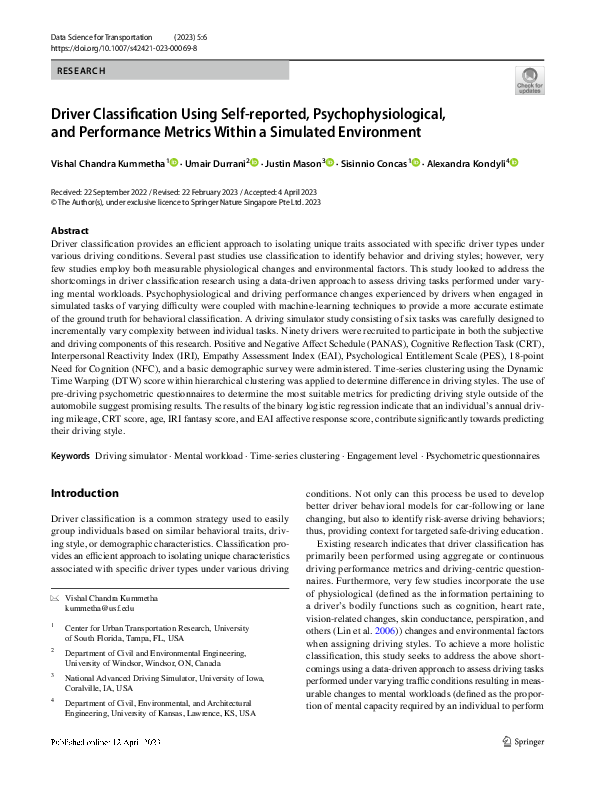 (PDF) Driver Classification Using Self-reported, Psychophysiological, and Performance Metrics ...