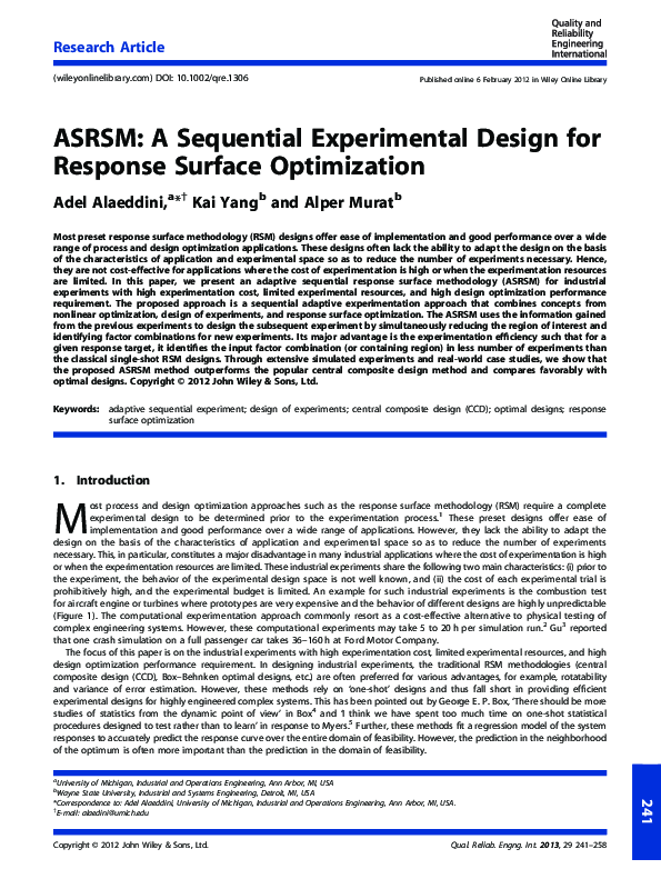 (PDF) ASRSM: A Sequential Experimental Design for Response Surface Optimization | Kai Yang ...