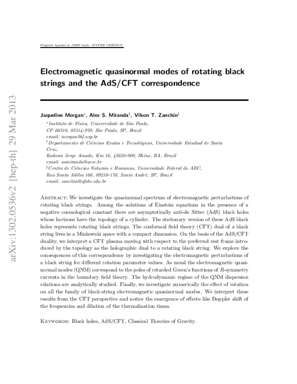 (PDF) Electromagnetic quasinormal modes of rotating black strings and the AdS/CFT correspondence