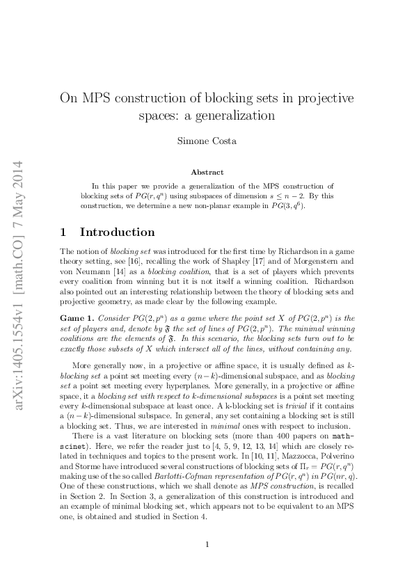 (PDF) On MPS construction of blocking sets in projective spaces: A generalization