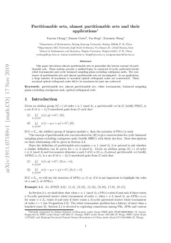 (PDF) Partitionable sets, almost partitionable sets, and their applications
