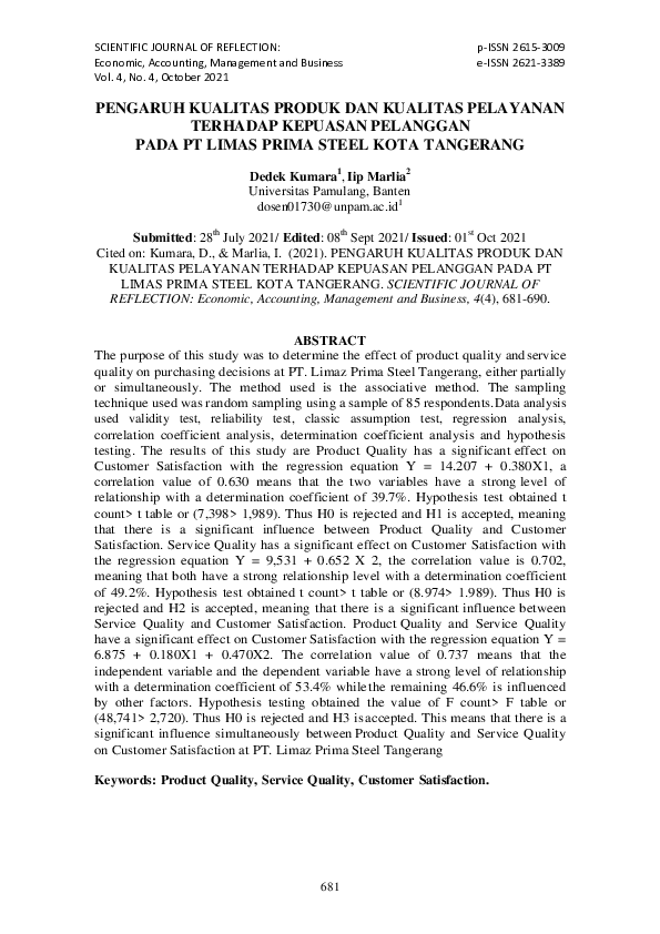 (PDF) Pengaruh Kualitas Produk Dan Kualitas Pelayanan Terhadap Kepuasan Pelanggan Pada PT Limas ...