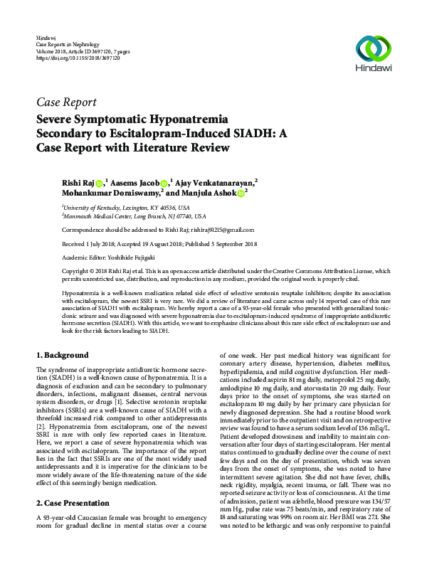 (PDF) Severe Symptomatic Hyponatremia Secondary to Escitalopram-Induced ...