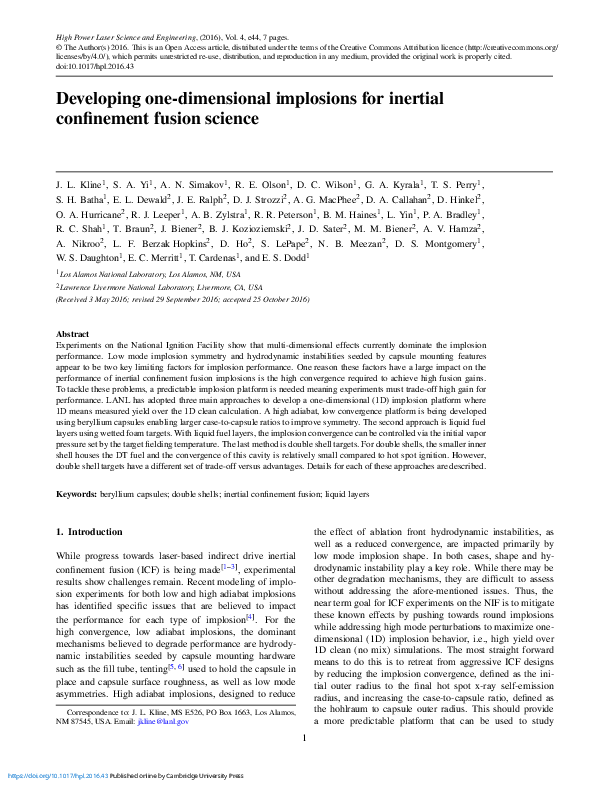 (PDF) Developing one-dimensional implosions for inertial confinement ...