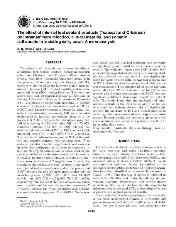(PDF) The effect of internal teat sealant products (Teatseal and ...