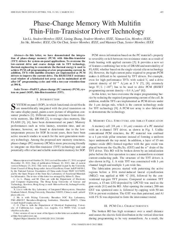 (PDF) Phase-Change Memory With Multifin Thin-Film-Transistor Driver Technology | Chi Fung Chui ...