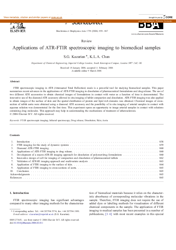 Pdf Applications Of Atr Ftir Spectroscopic Imaging To Biomedical Samples