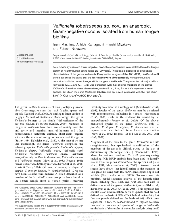 (PDF) Veillonella tobetsuensis sp. nov., an anaerobic, Gram-negative ...