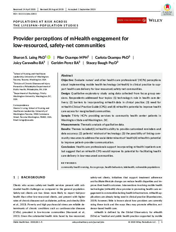(PDF) Provider perceptions of mHealth engagement for low‐resourced ...