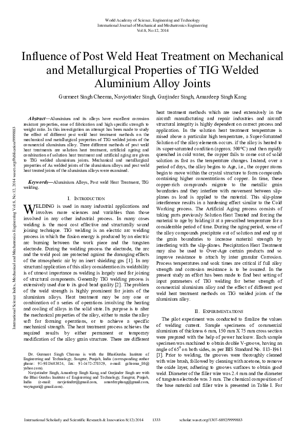 (PDF) Influence Of Post Weld Heat Treatment On Mechanical And Metallurgical Properties Of Tig ...