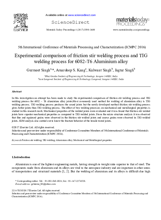 Pdf Experimental Comparison Of Friction Stir Welding Process And Tig